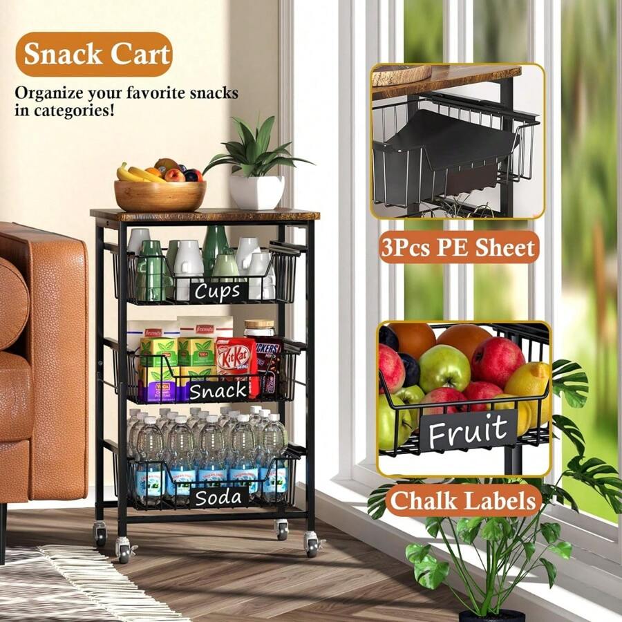 4-Tier Small Kitchen Storage Cart On Wheels, Metal Fruit Basket Stand ...