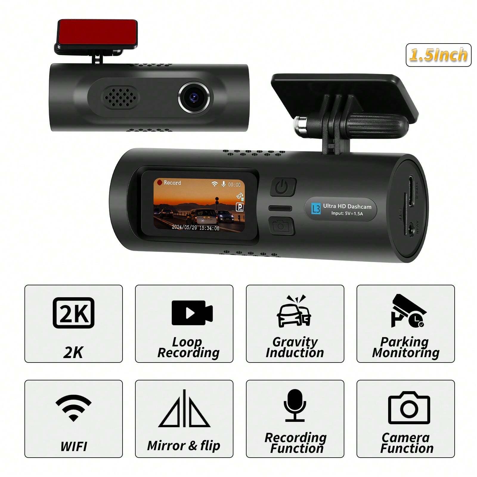 1.5インチ カー 2K HD APP (GolooK) WIFI 車両用レコーダー、シングル録画＋重力センサー | #SHEIN新生活応援セール