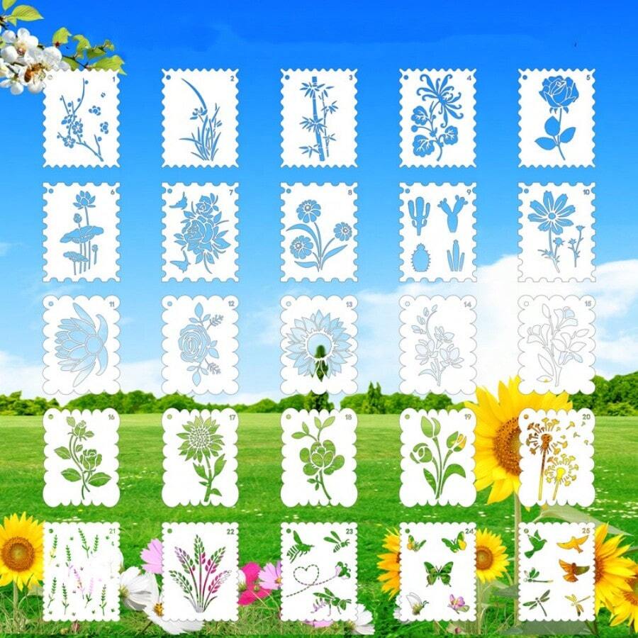 25pcs Flower And Plant Pattern Painting Templates, Painting And Rubbing ...