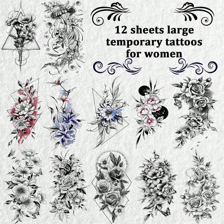 12 Sheets Large Temporary Tattoos For Women, Fake Thigh Sleeve Tattoos ...
