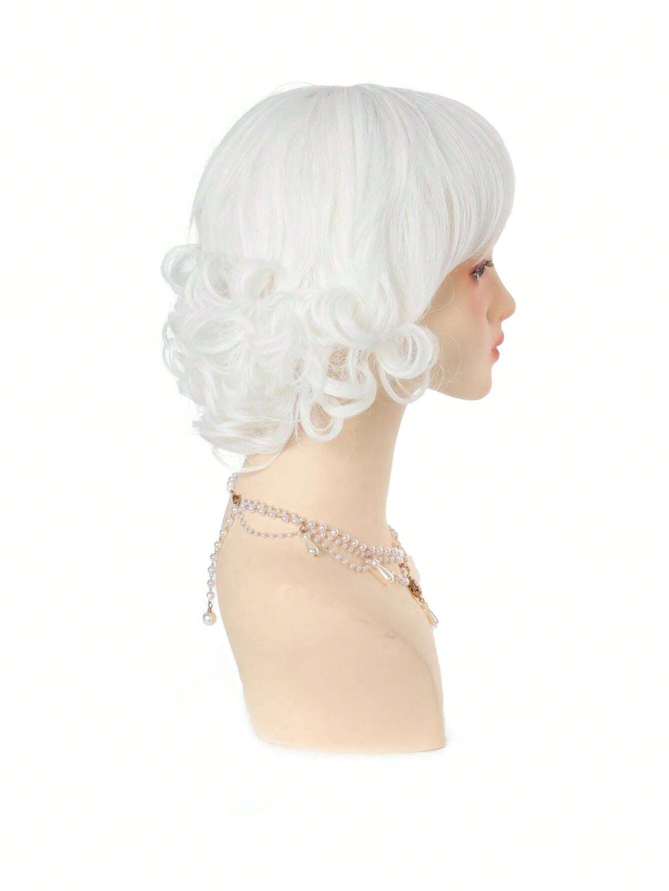 White Curly Wig With Mrs. Bang Cosplay Wig Heat Resistant Short Layers ...