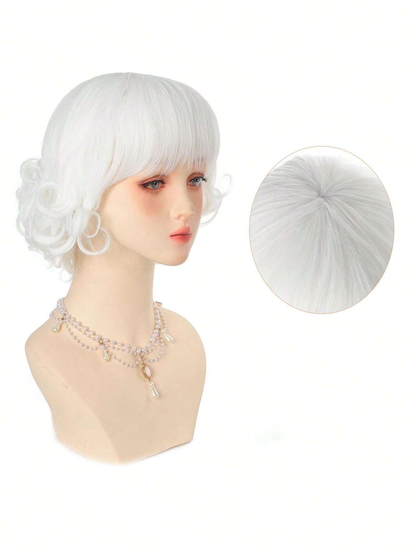 White Curly Wig With Mrs. Bang Cosplay Wig Heat Resistant Short Layers ...