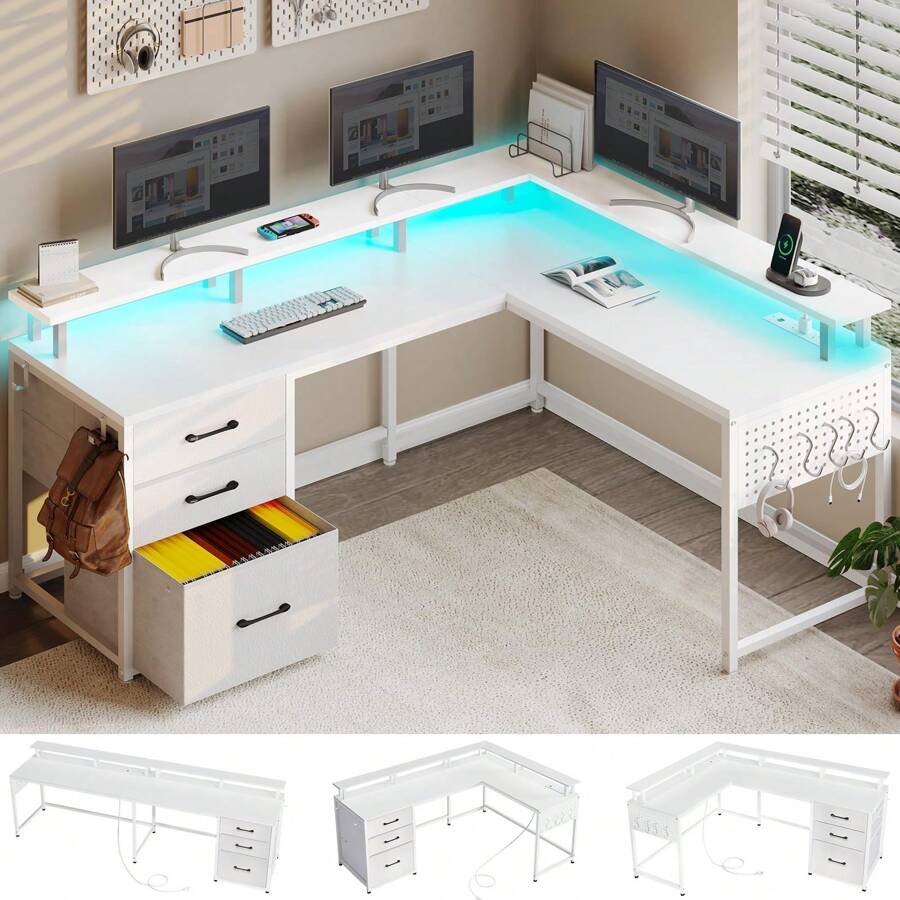 63.8" L Shaped Desk, Reversible Computer Desk With Power Outlet And ...