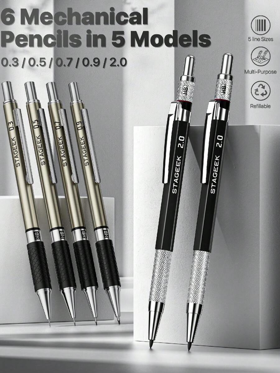 6PCS Art Mechanical Pencil Set, Drafting Pencil 5 Sizes- 0.3, 0.5, 0.7 ...