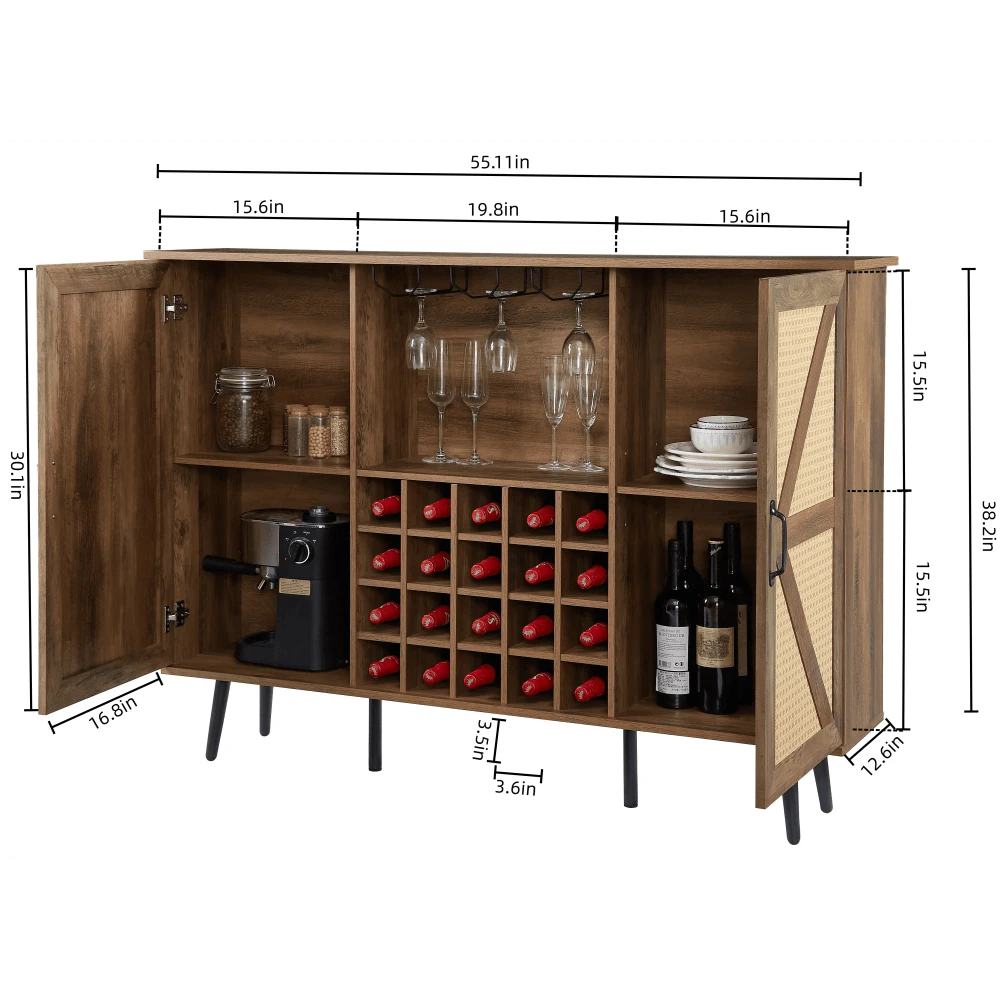 Oak Color Faux Rattan Barn Door Wine Cabinet With Wine Rack And Wine ...