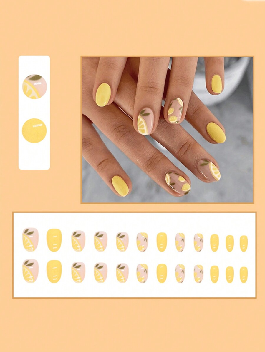 A Set Of 24 Pieces Of Short Square Cute Lemon False Nails, Suitable For ...
