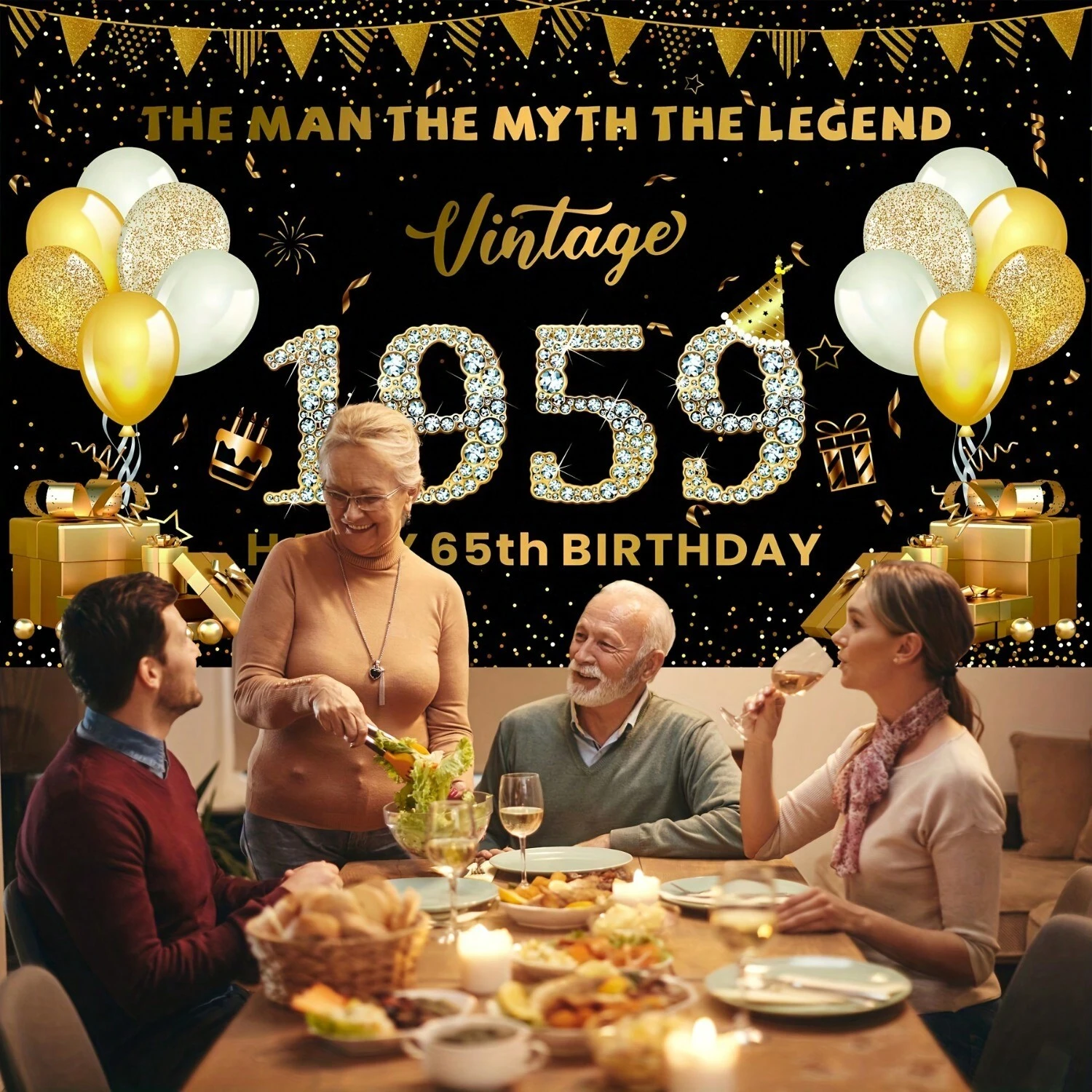 Vintage 1959 Black And Gold Birthday Banner - Polyester Backdrop For ...