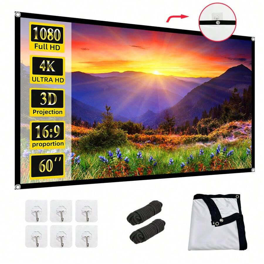 60 Inch 16:9 Projector Screen Portable Indoor Outdoor Wrinkle-Free 4K ...
