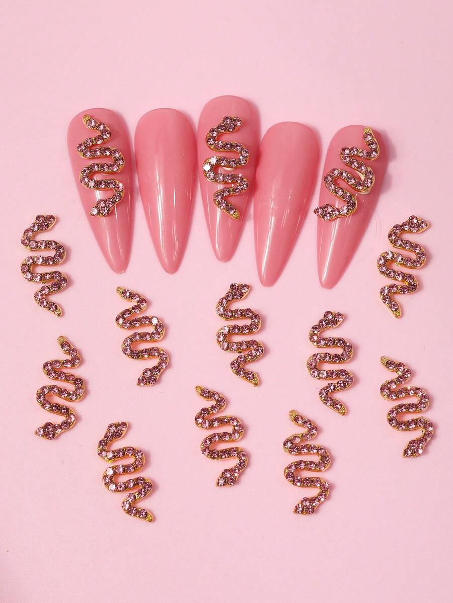 10 Peças Encantos de Arte de Unha de Serpente Rosa com Cristais de ...