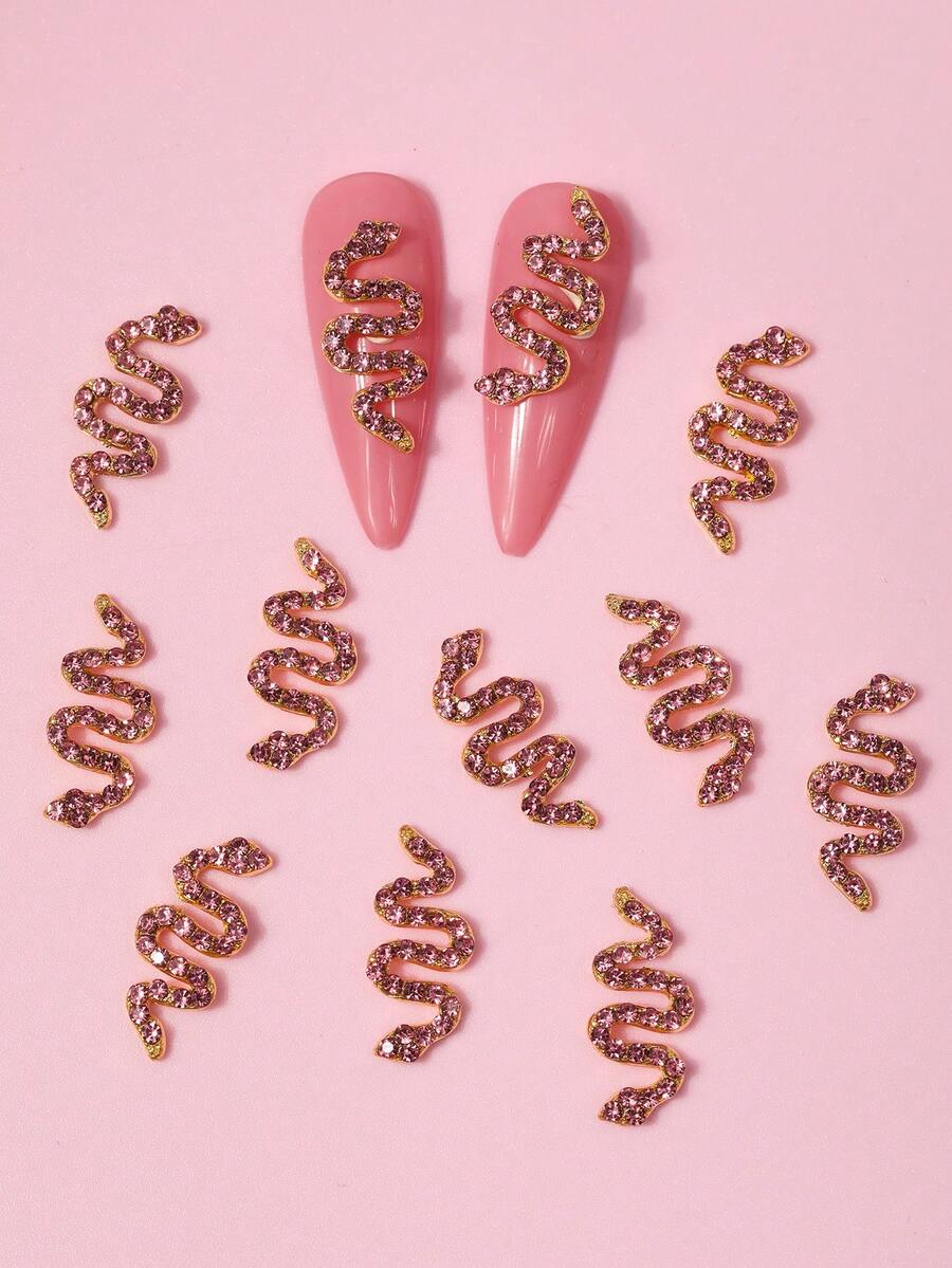 10 Peças Encantos de Arte de Unha de Serpente Rosa com Cristais de ...
