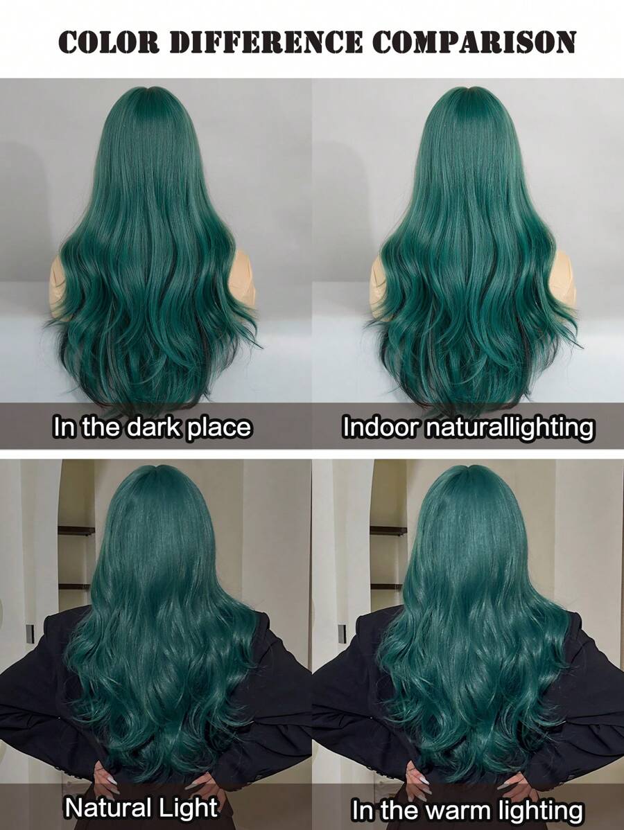 วิกผมสังเคราะห์สีเขียวเข้ามิกซ์คลื่นยาววีพองๆ ขอบผมดำกับม้วนมีแนวผม ...