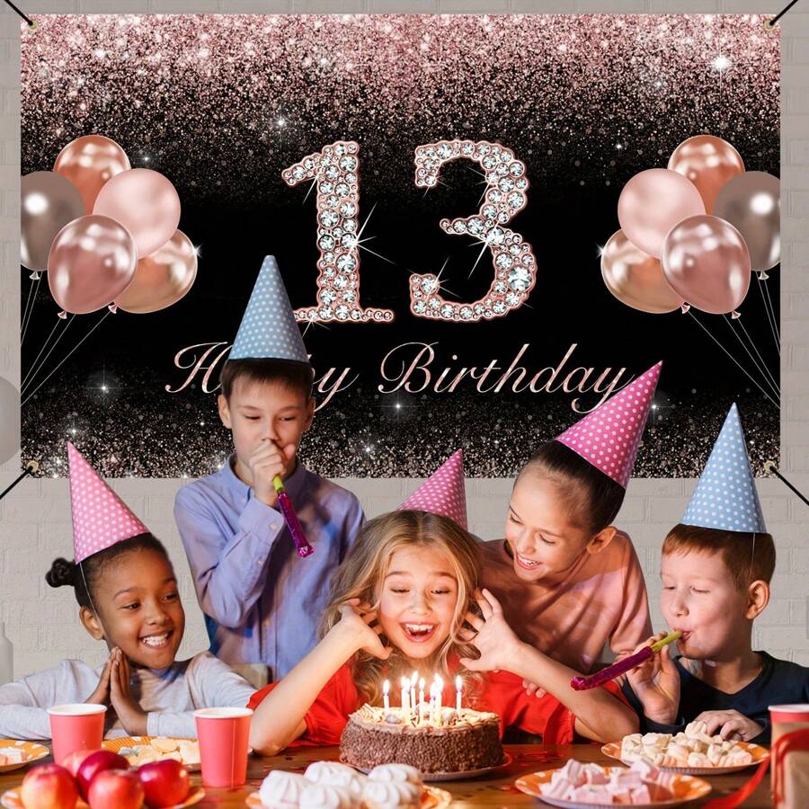 Happy 13th Birthday Backdrop, Rose Gold 13th Birthday Decorations, 13th ...