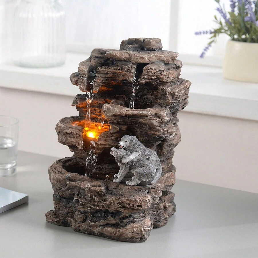 Desktop Wolf Pup Fountain, Natural River Rock Tabletop Fountain With ...