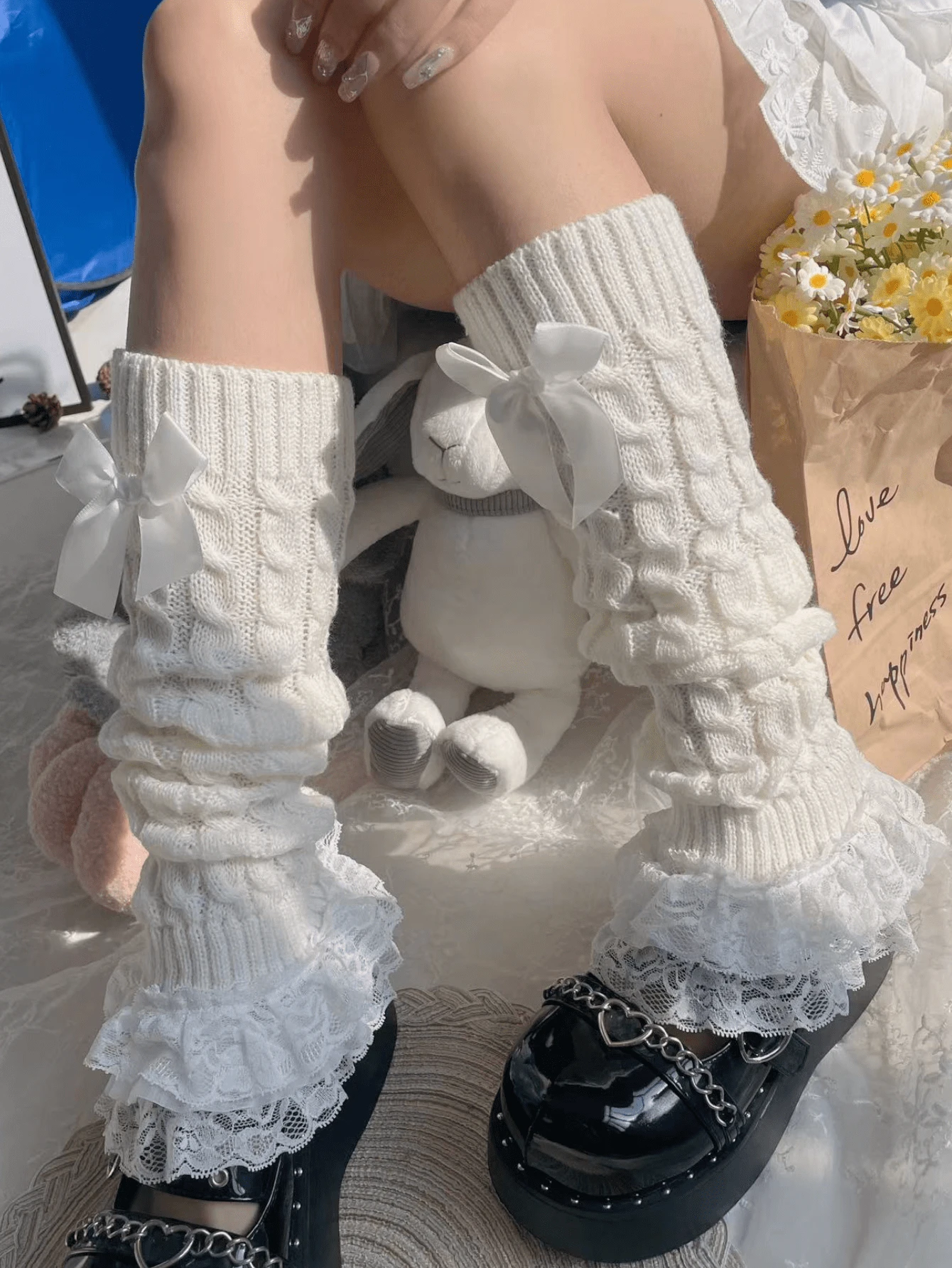 1 Pair Women's White Bowknot Lace Trim Twisted Anklet Leg Warmers Halloween Valentine's Day ...