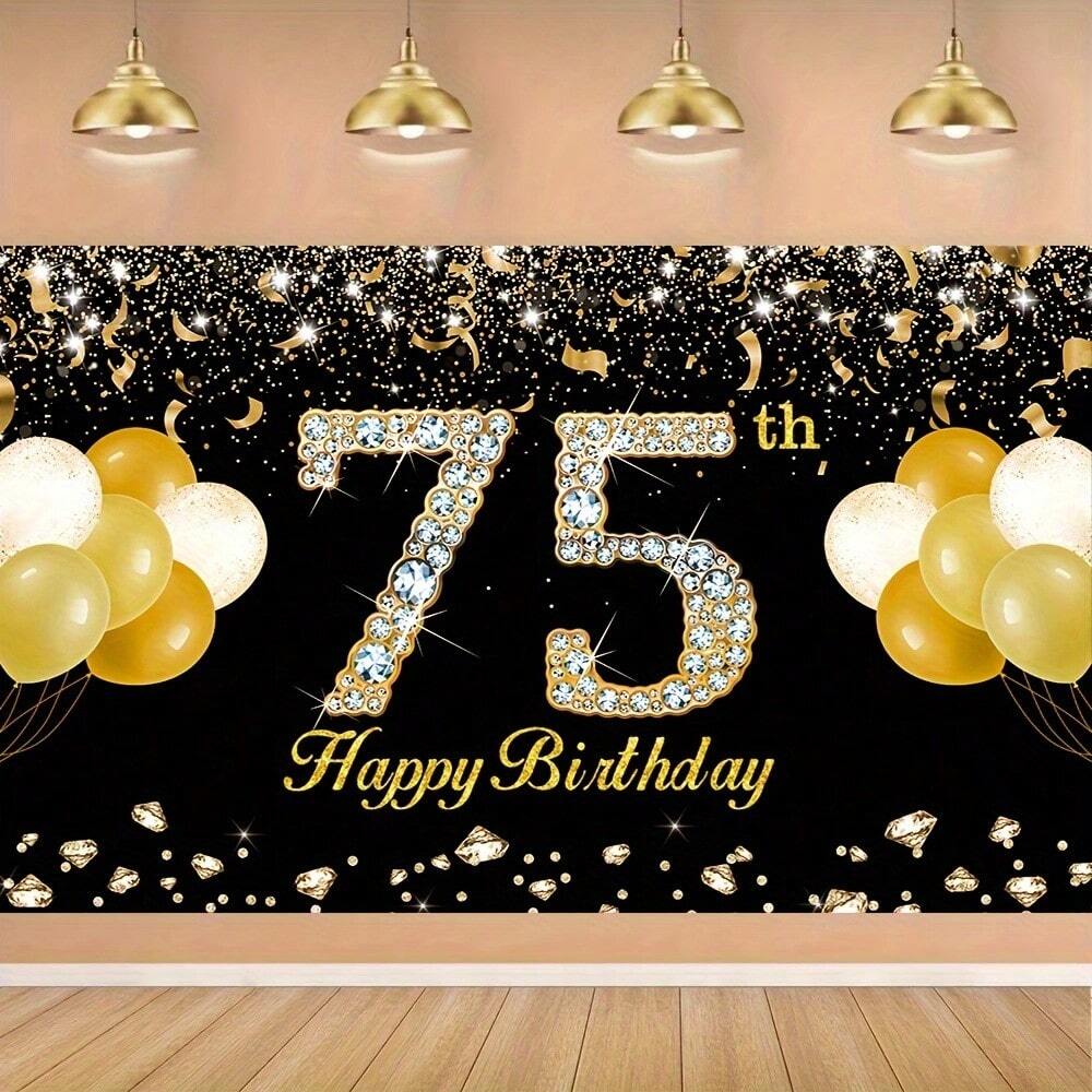 1pc, Vibrant Black And Golden Happy 75th Birthday Banner - Premium ...