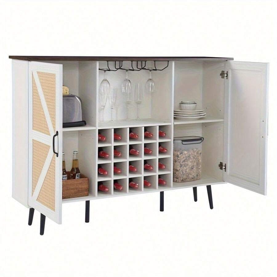 White Artificial Rattan Barn Door Wine Cabinet With Wine Rack And Glass ...