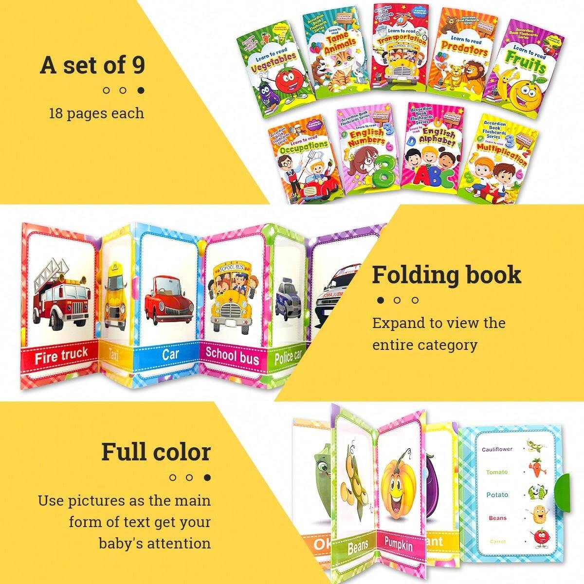 1 caja de 9 piezas de libros plegables de aprendizaje del vocabulario ...