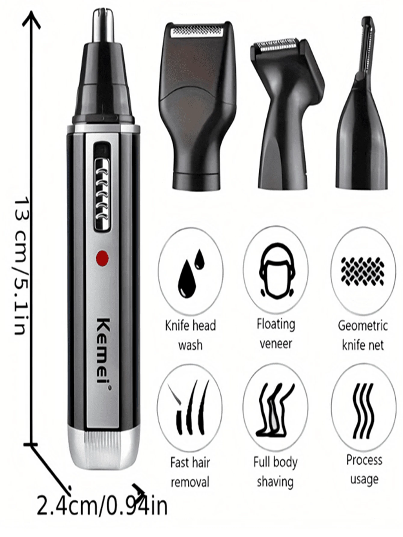 Afeitadora eléctrica recargable profesional KEMEI de 4 en 1 para cortar el vello de la nariz ...