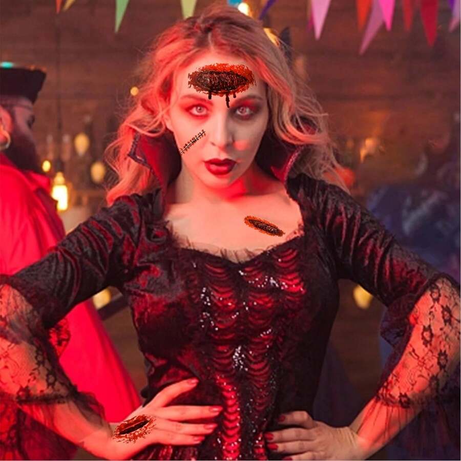 Halloween Zombie Temporary Tattoo, Plus Size Scar Fake Blood Tattoo ...