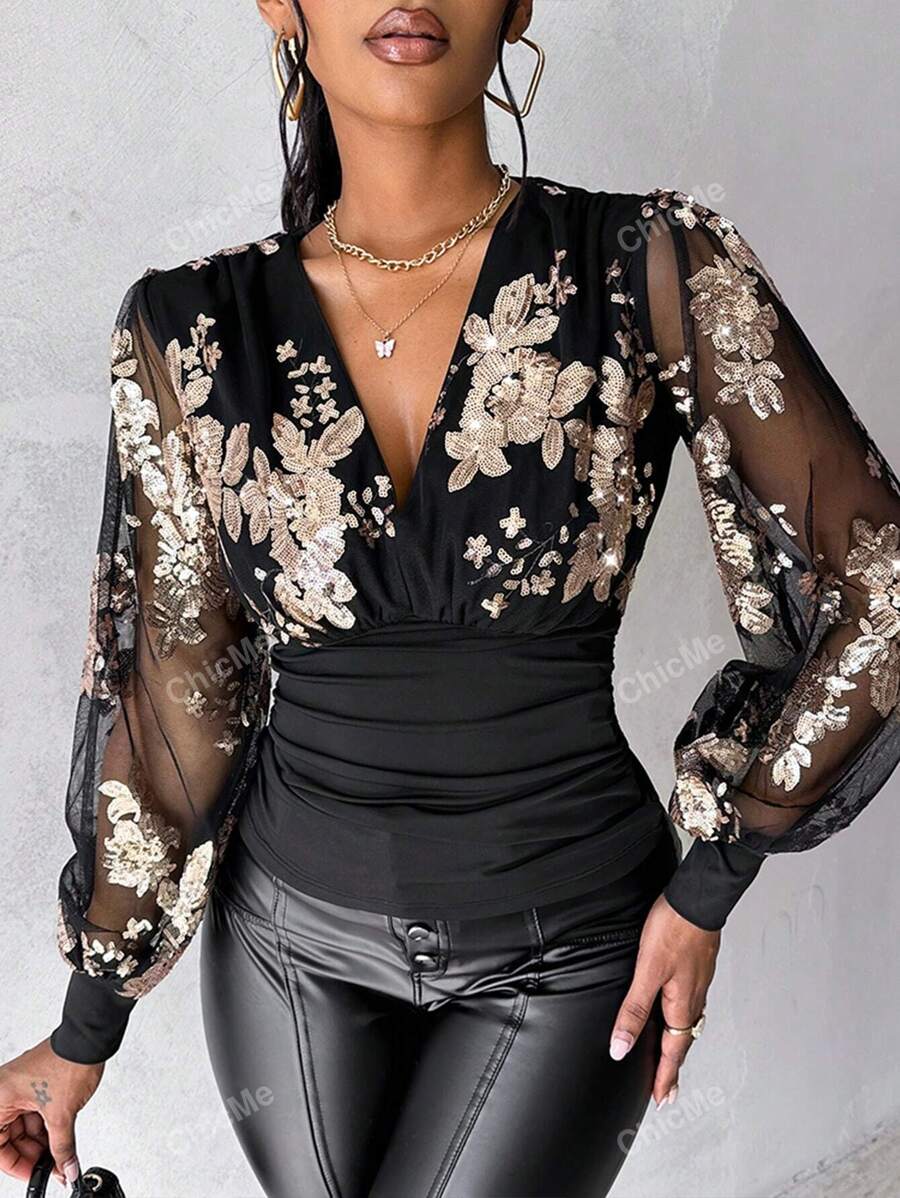 ChicMe Floral Contrast Sequins V-Neck Blouse Sheer Mesh Corset Low Cut Sexy Fashion Tops | SHEIN USA