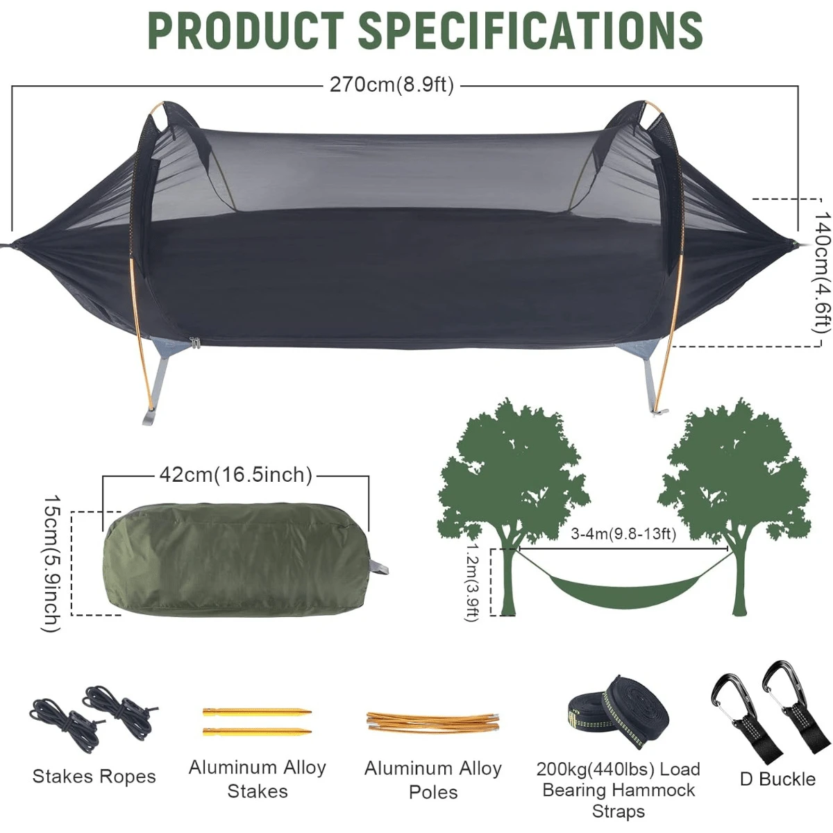 Camping Hammock Tent With Mosquito Net And Rain Fly 1 Person ...