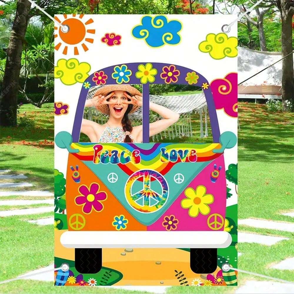 1pc 60s Hippie Bus Photo Props, Retro Funky Bohemian Party Supplies ...