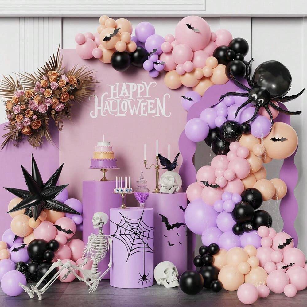 124pcs Pink Black Purple Halloween Balloon Garland Arch Kit,Scary Black ...