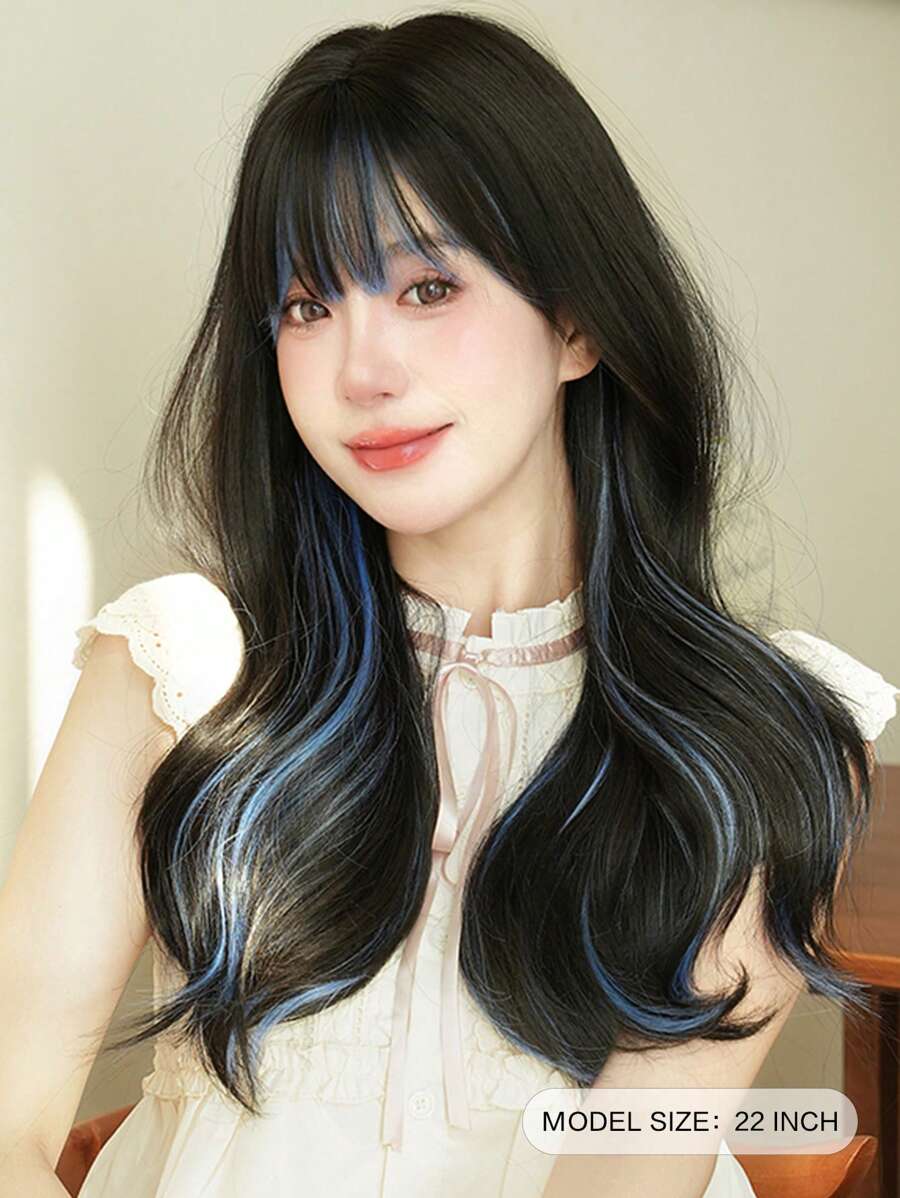 NICKY WALL Highlight Blue Wig Mixed Long Black Wave Curly Wig With ...