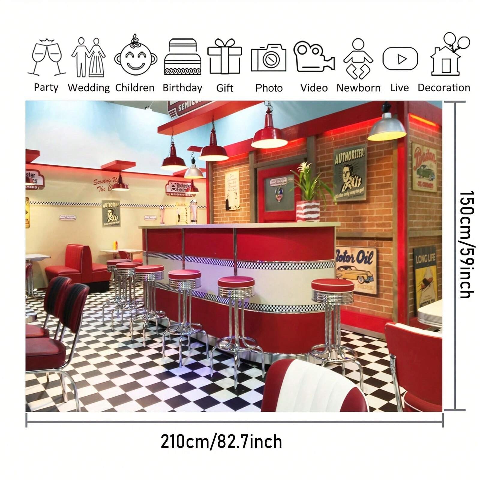 1pc,Vintage 50s Diner Backdrop: Faux Brick Wall, Red And White ...