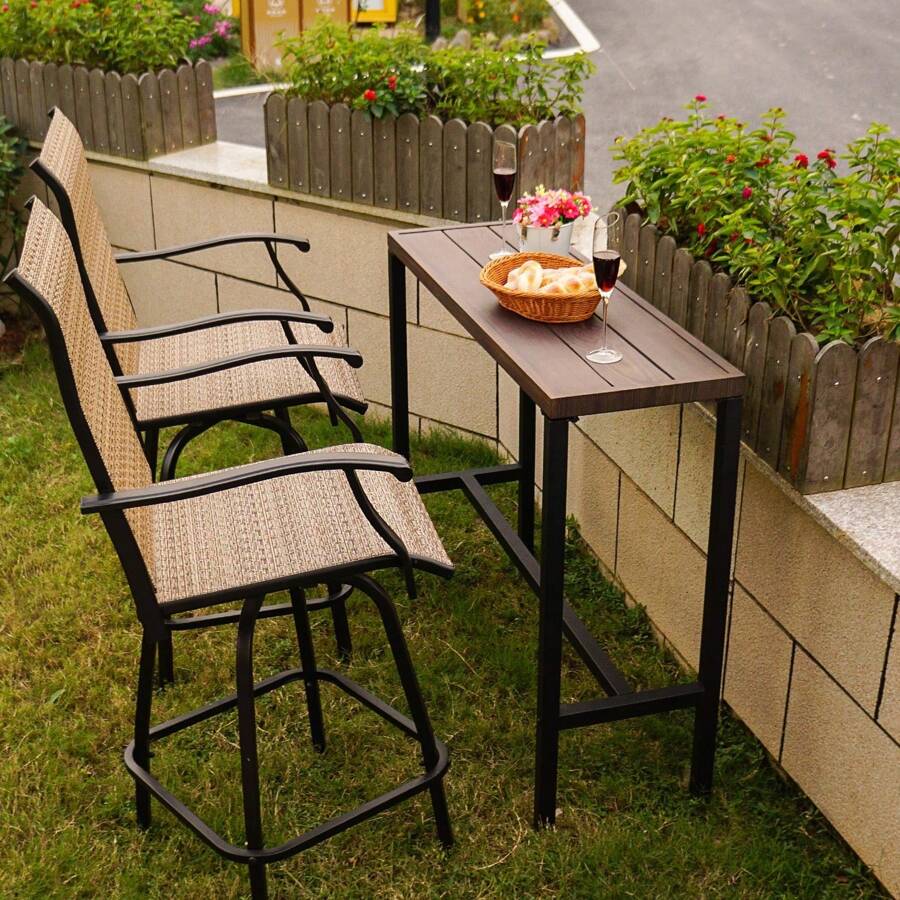 Outdoor Counter Height Bar Table Wood-Like Metal Tabletop Patio Side ...