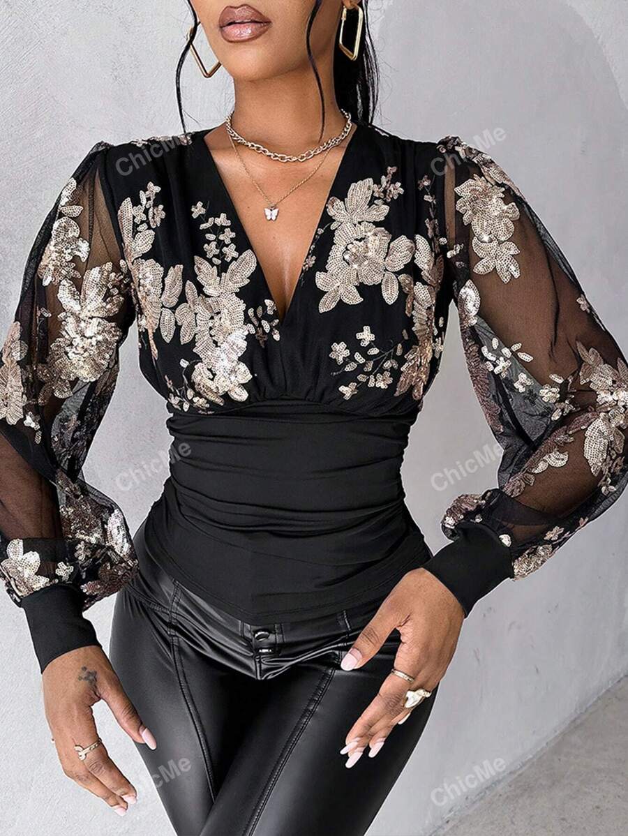 ChicMe Floral Contrast Sequins V-Neck Blouse Sheer Mesh Corset Low Cut Sexy Fashion Tops | SHEIN USA