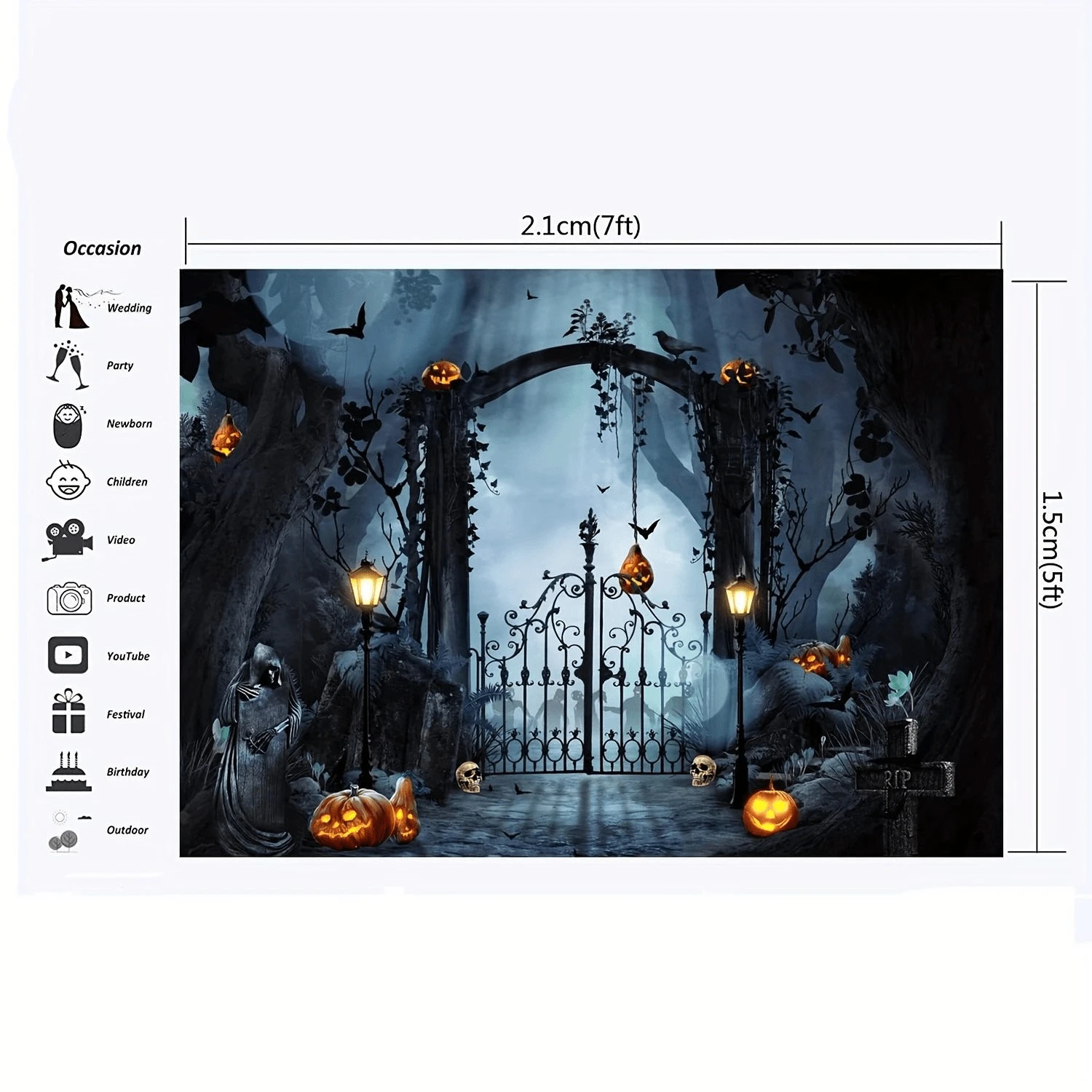 1pc 1.5m X 2.1m Halloween Graveyard Gate Backdrop, Horror Cemetery ...