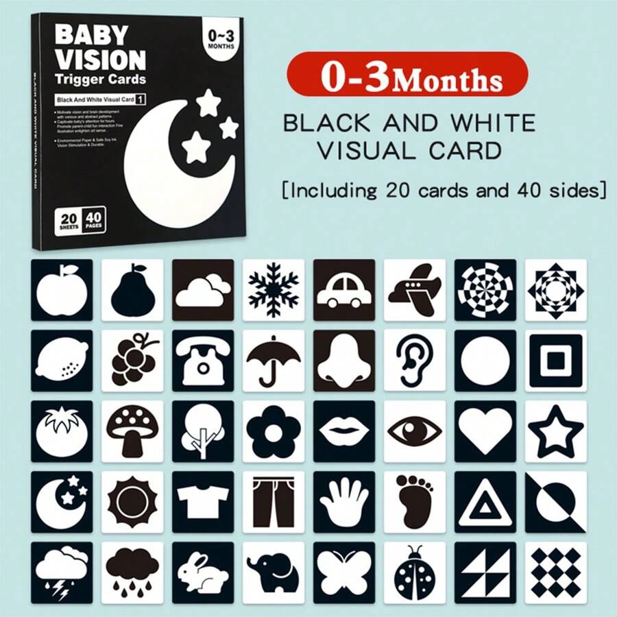 1 Box Of 20 Black And White Cards With 40 Different Patterns, Black And ...