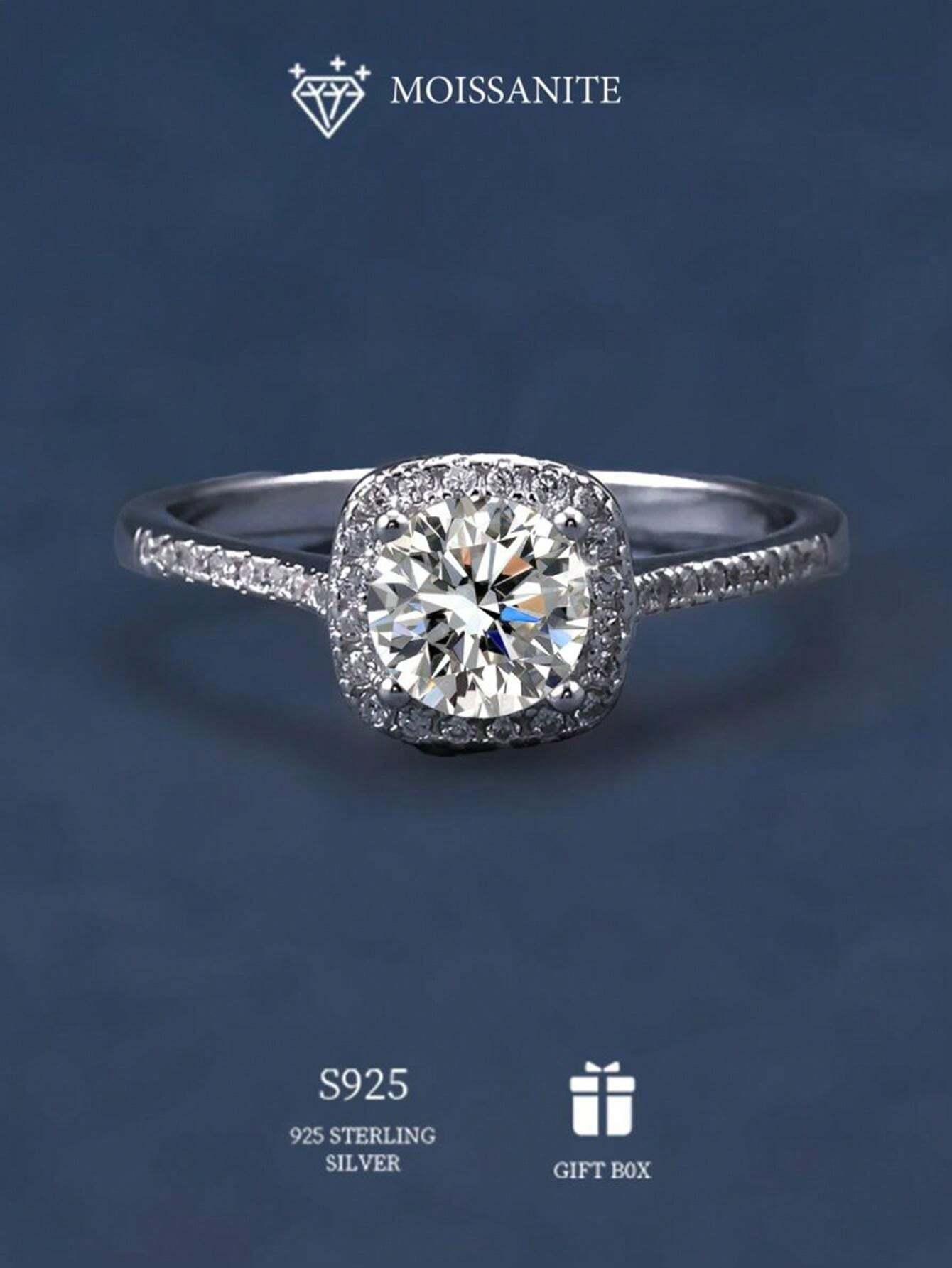 1ct Moissanite Square Halo Engagement Ring - Solid Silver Luxury Unisex ...