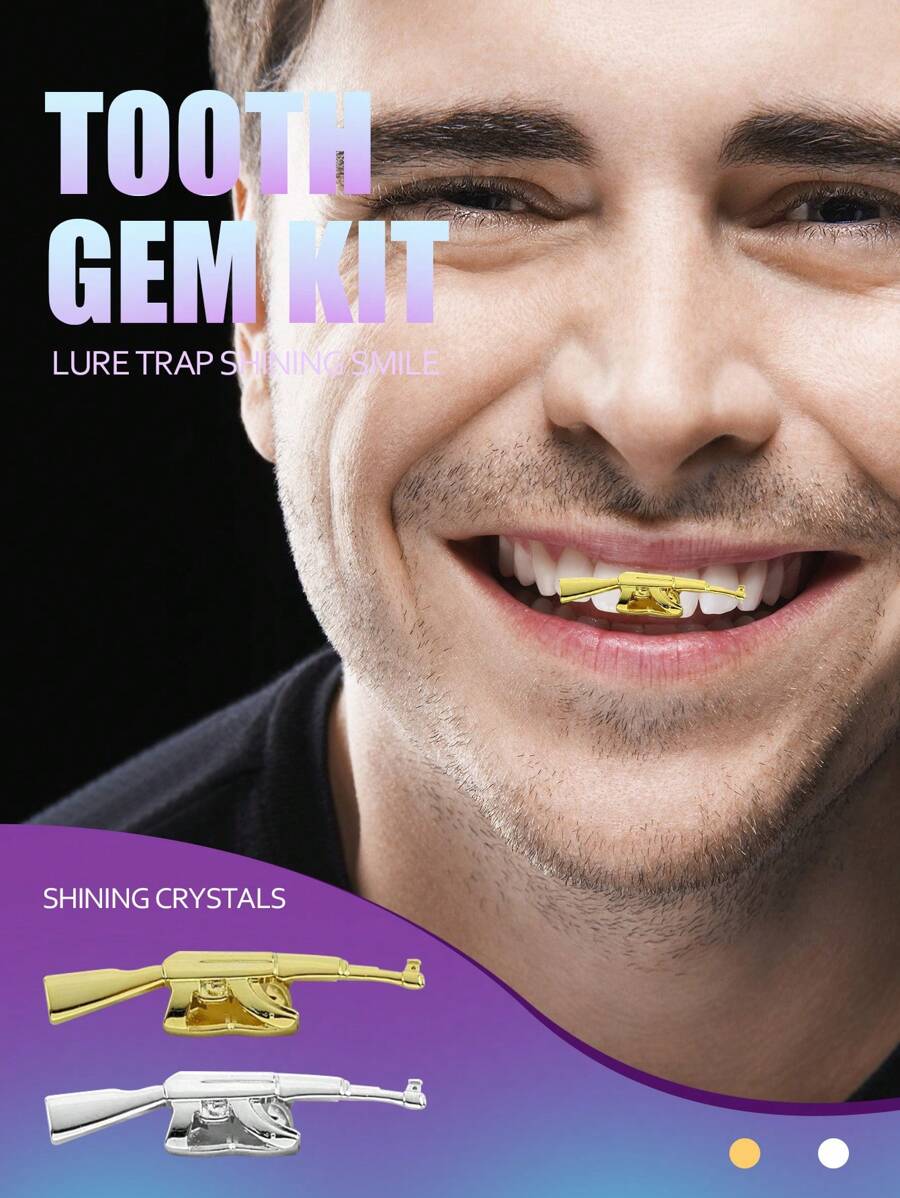 1pc Gold Silver AK47 Pistol Personality Punk Hip Hop Rap Big Gold Teeth ...