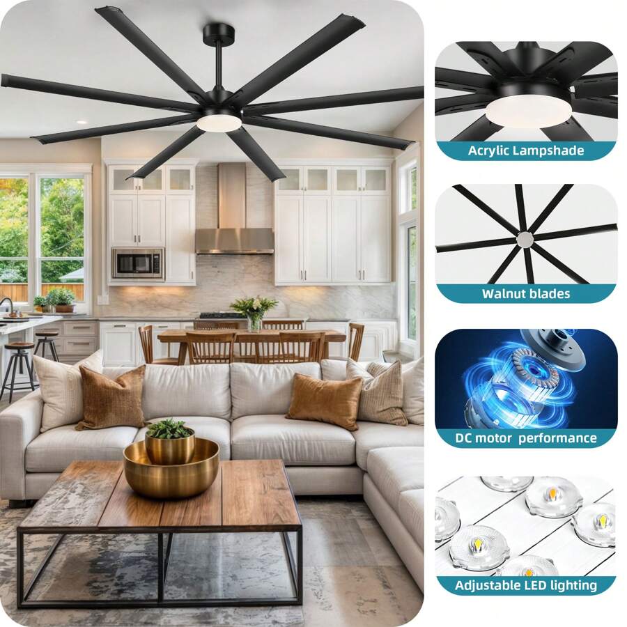 96 Inch Ceiling Fans With LED Light And Remote 6 Speed Reversible Quiet ...