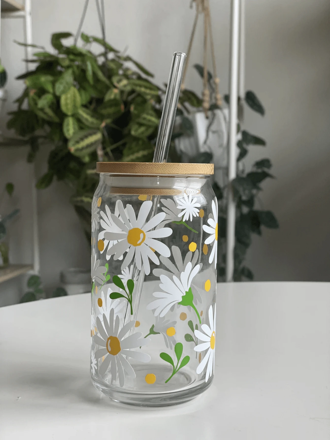 1pc 16oz White Daisy Cup, White And Green Floral Glass, Spring Summer ...