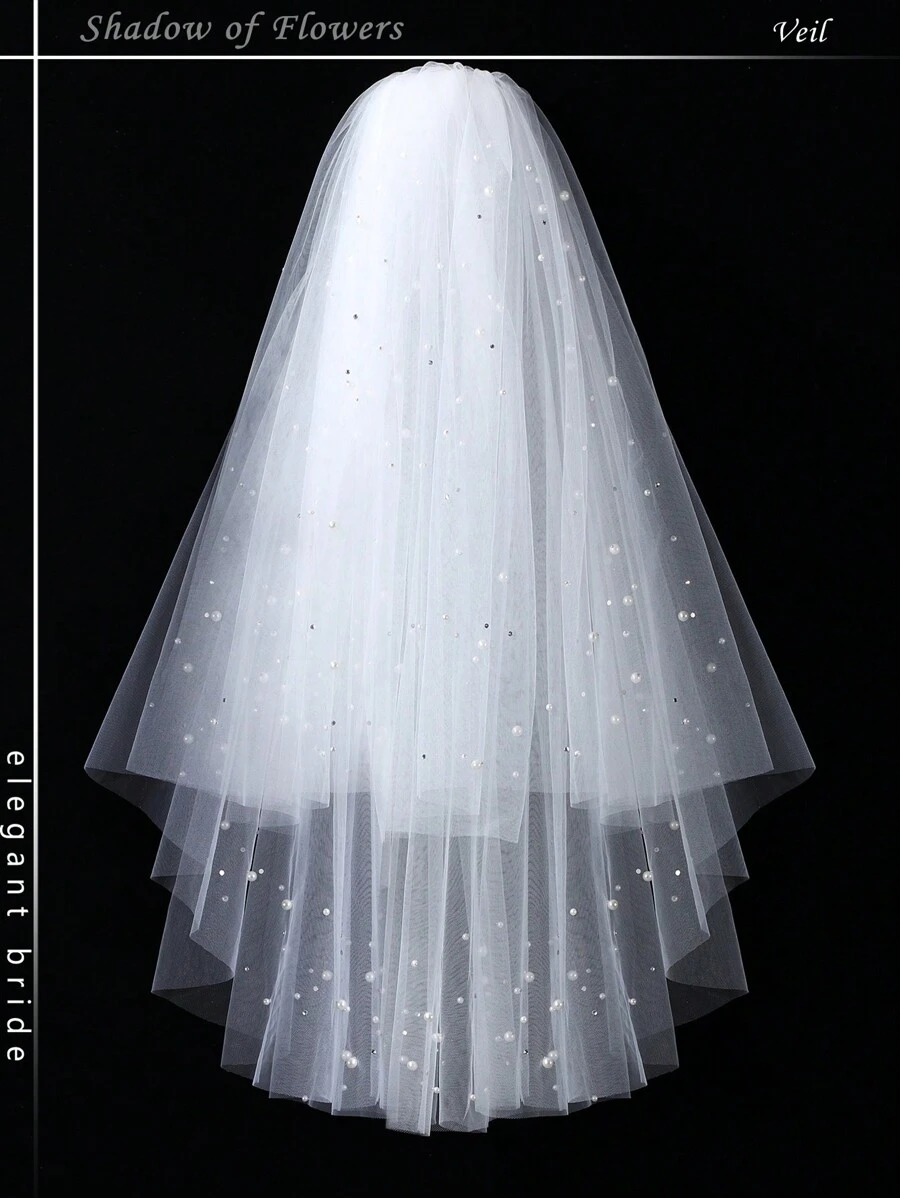 White Elegant Bridal Veil Adorned With Faux Pearls, Suitable For Waist ...