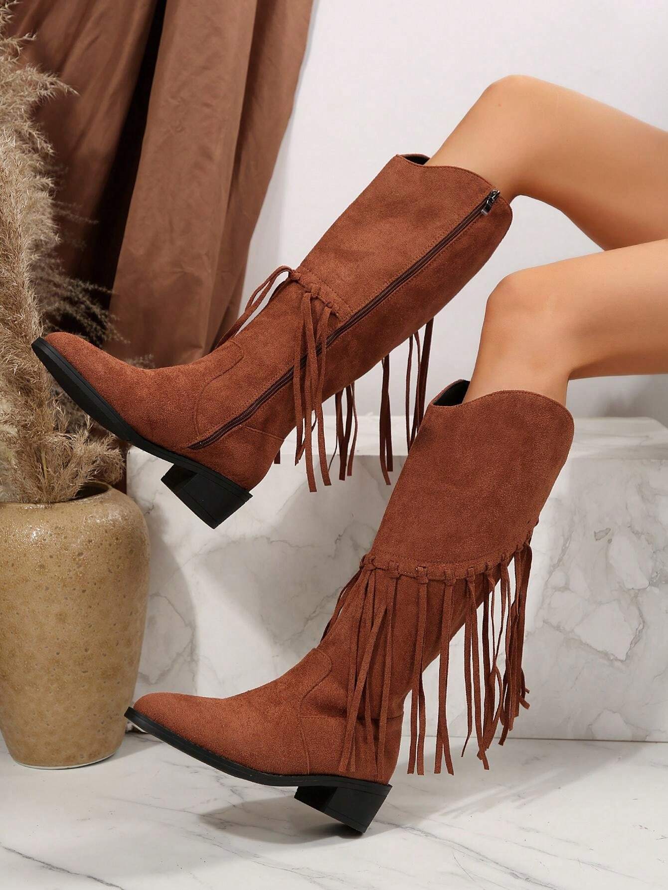 Botas vaqueras de tacón grueso retro estilo western con flecos y ...