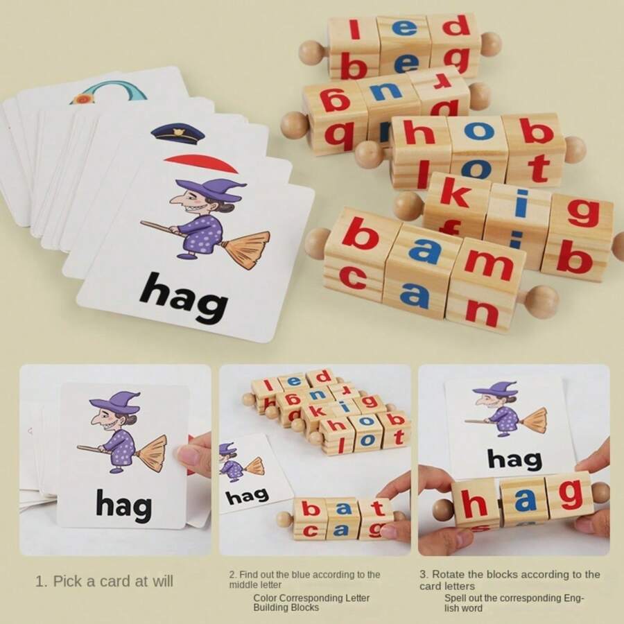 Montessori Wooden Rotating Letter Blocks - Educational Word Building ...