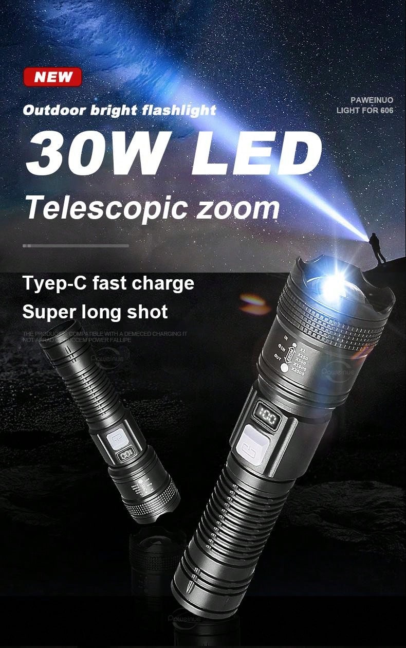 Intelligent Telescopic Zoom 30W LED Flashlight Type-C Rechargeable ...