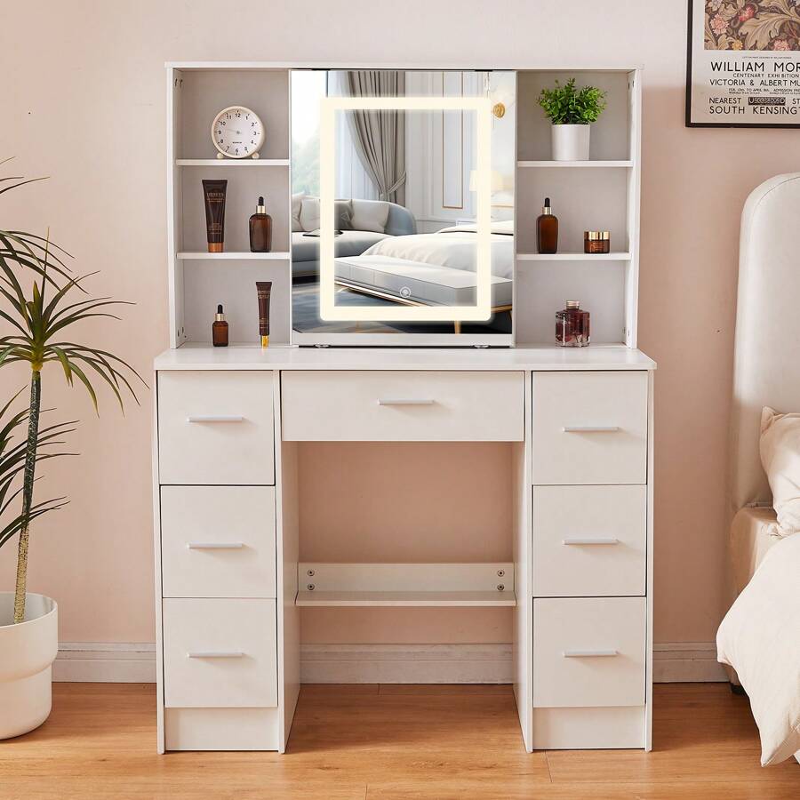 Vanity Desk With LED Mirror , White Makeup Vanity Table With Charging ...