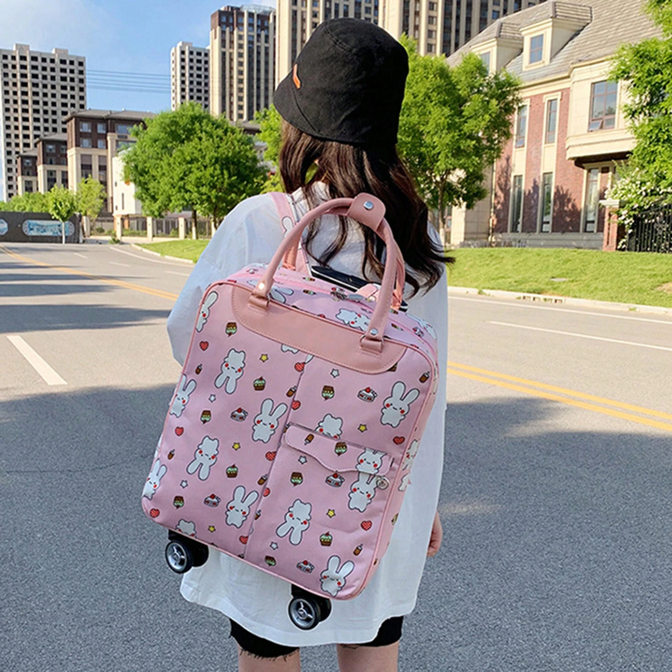 Pink Cartoon Rabbit Wheeled Travel Luggage, Waterproof, Handheld ...