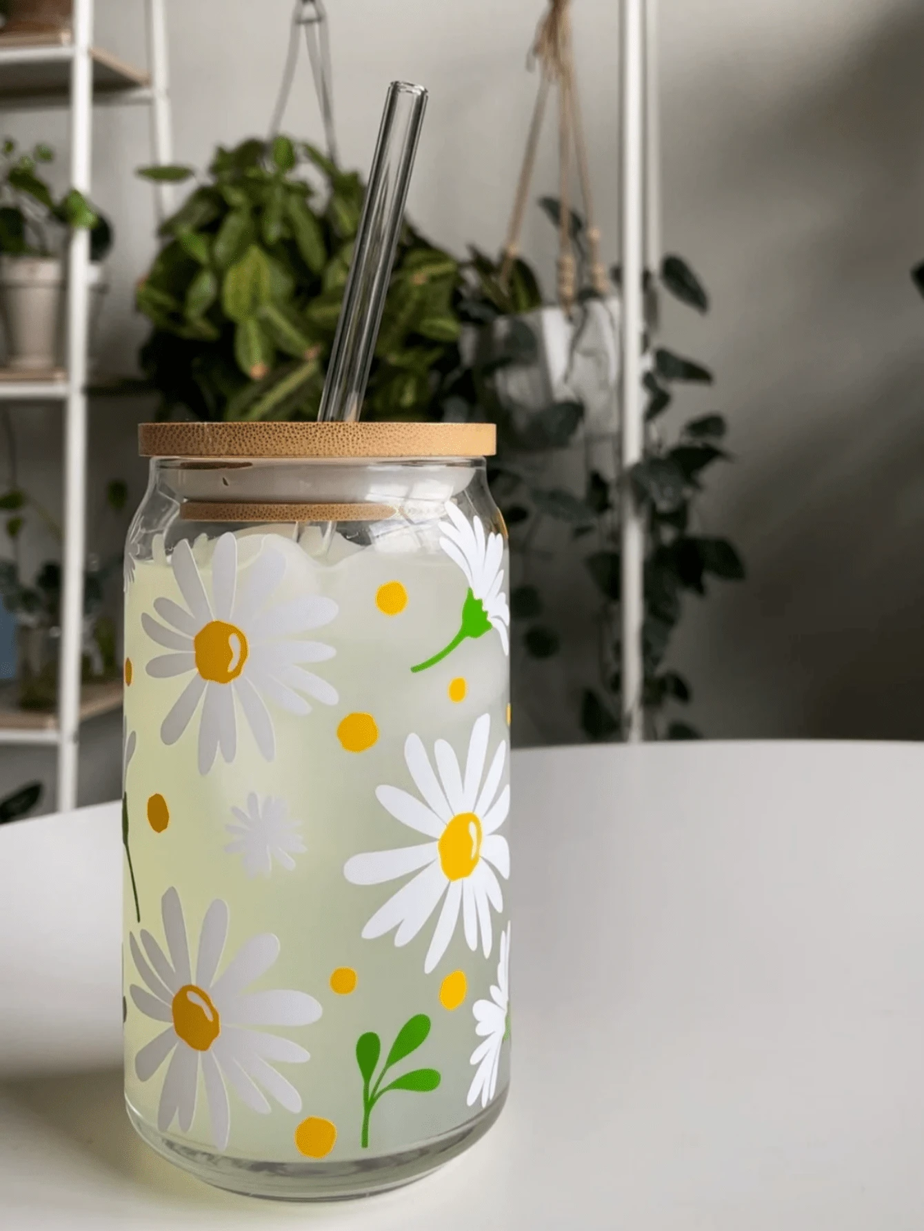 1pc 16oz White Daisy Cup, White And Green Floral Glass, Spring Summer ...
