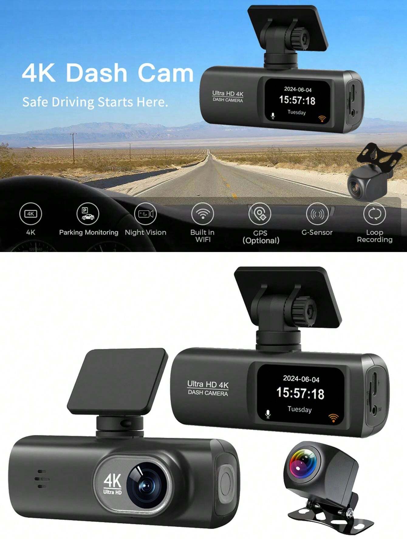 Câmera Veicular, Câmera Dupla Dash 4K+1080P para Carros com Wi-Fi e GPS ...