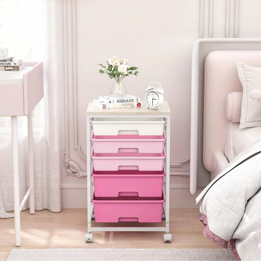 Utility Cart With 5 Drawers,Storage Drawer Cart With Wooden Tabletop ...