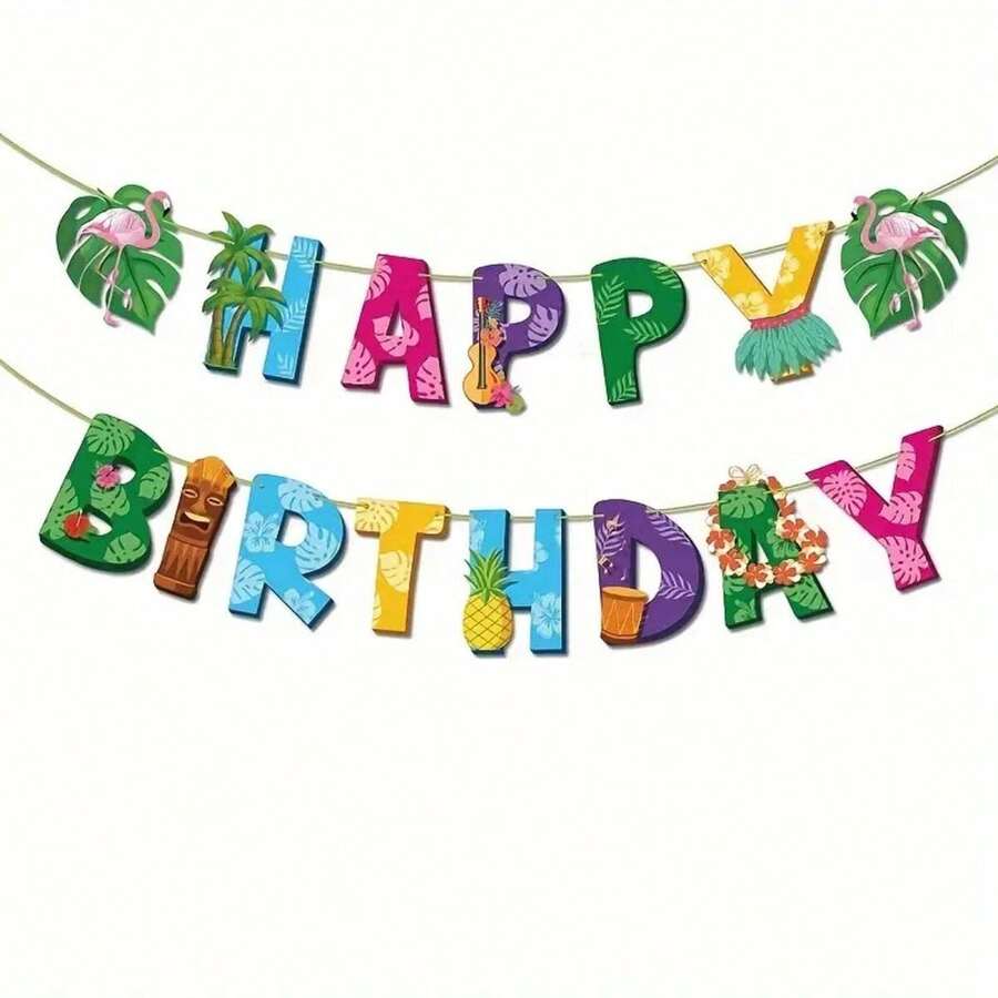 Summer Party Happy Birthday Banner Hawaiian Flamingo Palm Leaf Aloha ...