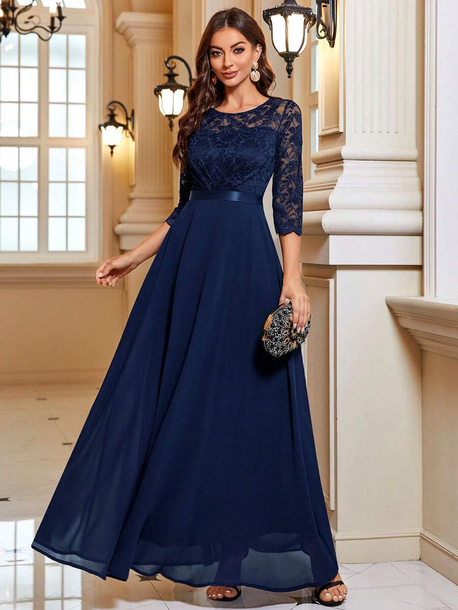 MIUSOL Elegant Floral Lace Round Neck Chiffon Navy Blue Flowing Hem ...