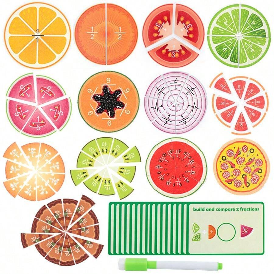 91 PCS Yummy Fractions - Wooden Fraction Tiles & Circles, Bars ...