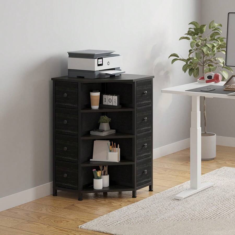 LUMTOK 8-Drawer Corner Dresser With Wooden Top And Shelves (Black Wood ...